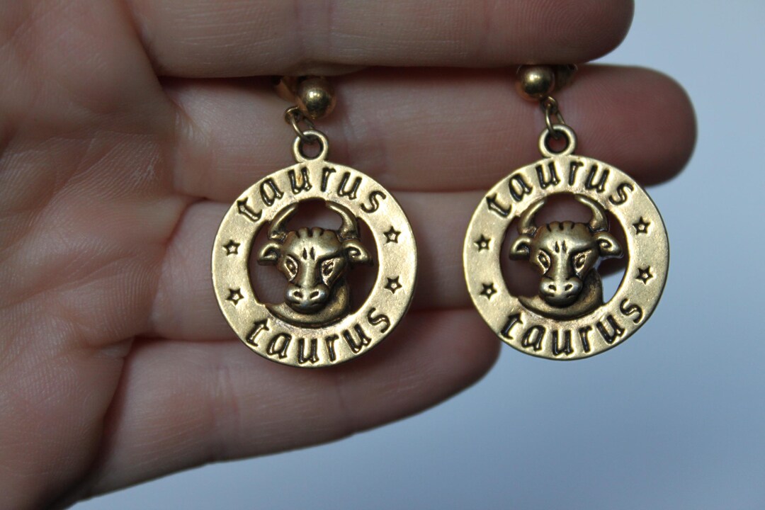 Vintage Taurus Earrings. Pierced, Gold Tone Metal, Celestial ...
