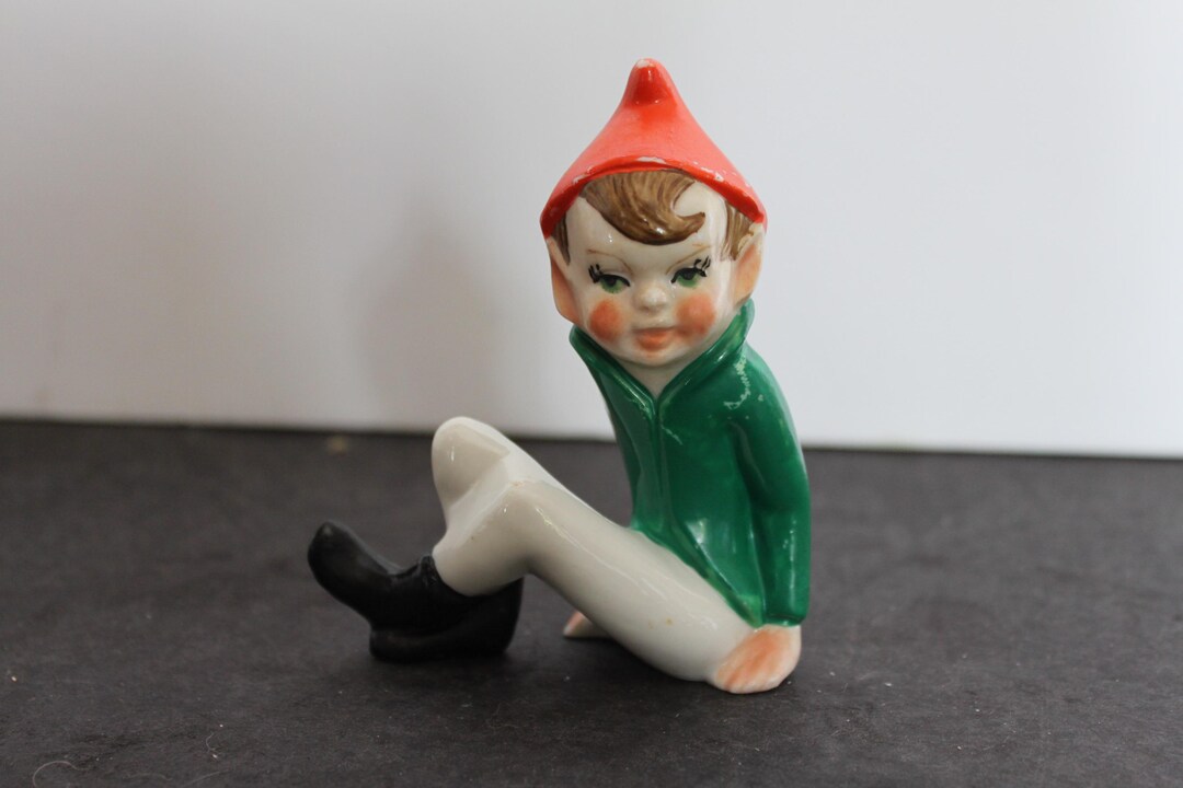 Vintage Pixie Figurine. Mischievous Imp, Green Shirt, Red Hat, Kitschy ...