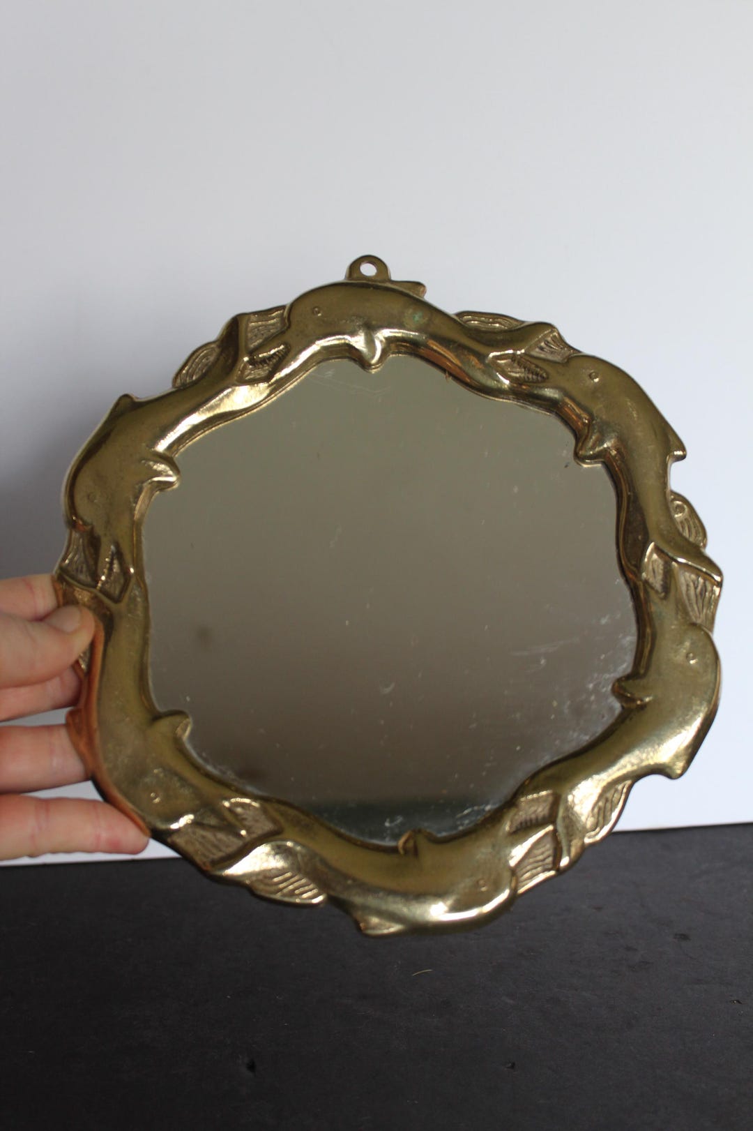 Vintage Brass Dolphin Mirror. Circle Shape, Nautical Wall Decor, Retro ...