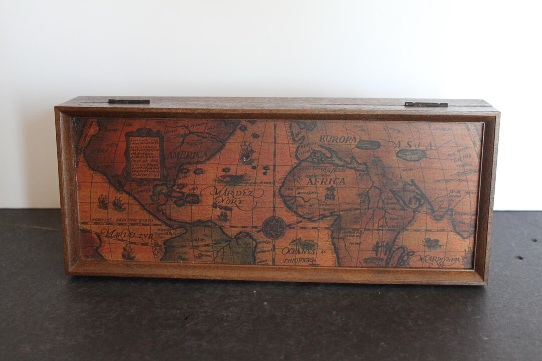 Vintage Old World Map Jewelry Box. Wooden, Red Velvet Interior, Made in ...