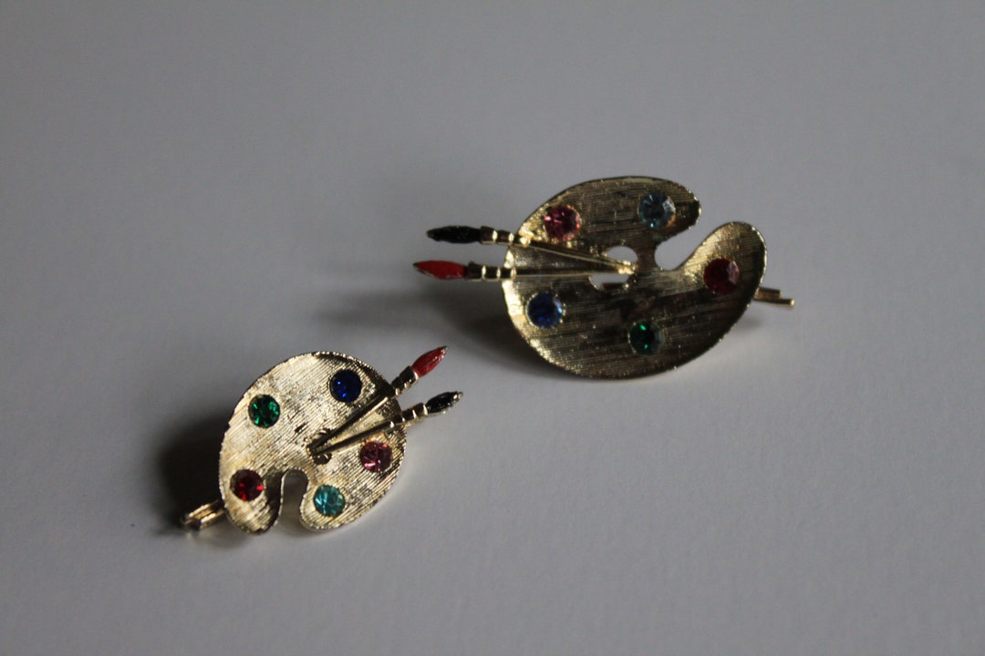 Vintage Artist Palette Pin Set. Large & Small, Gold Metal W/ Colorful ...