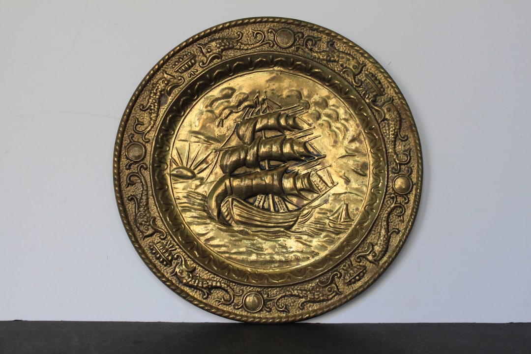Vintage Brass Ship Plate. Repousse Artistic Plate, Schooner Sailing the ...