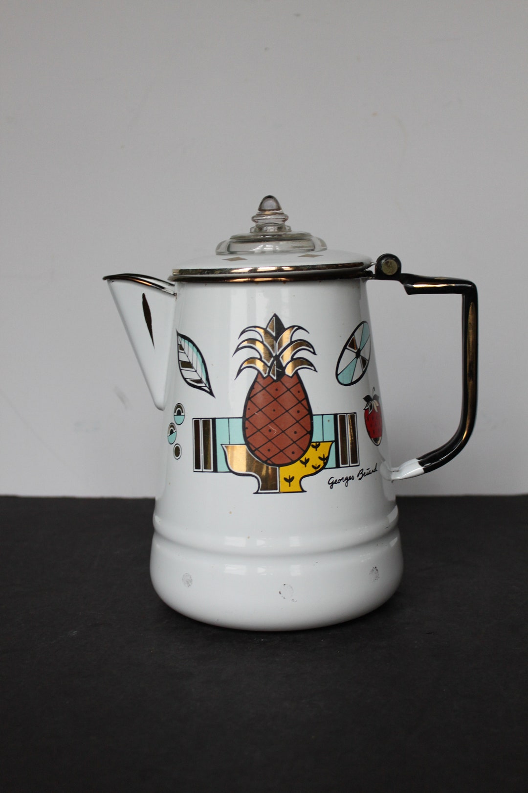 Vintage Enamel Percolator. Tropical Fruit, Georges Briard, Minor Paint ...