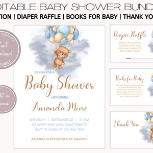 EDITABLE Teddy Bear Balloon Baby Shower Bundle, Canva Template, Boy ...
