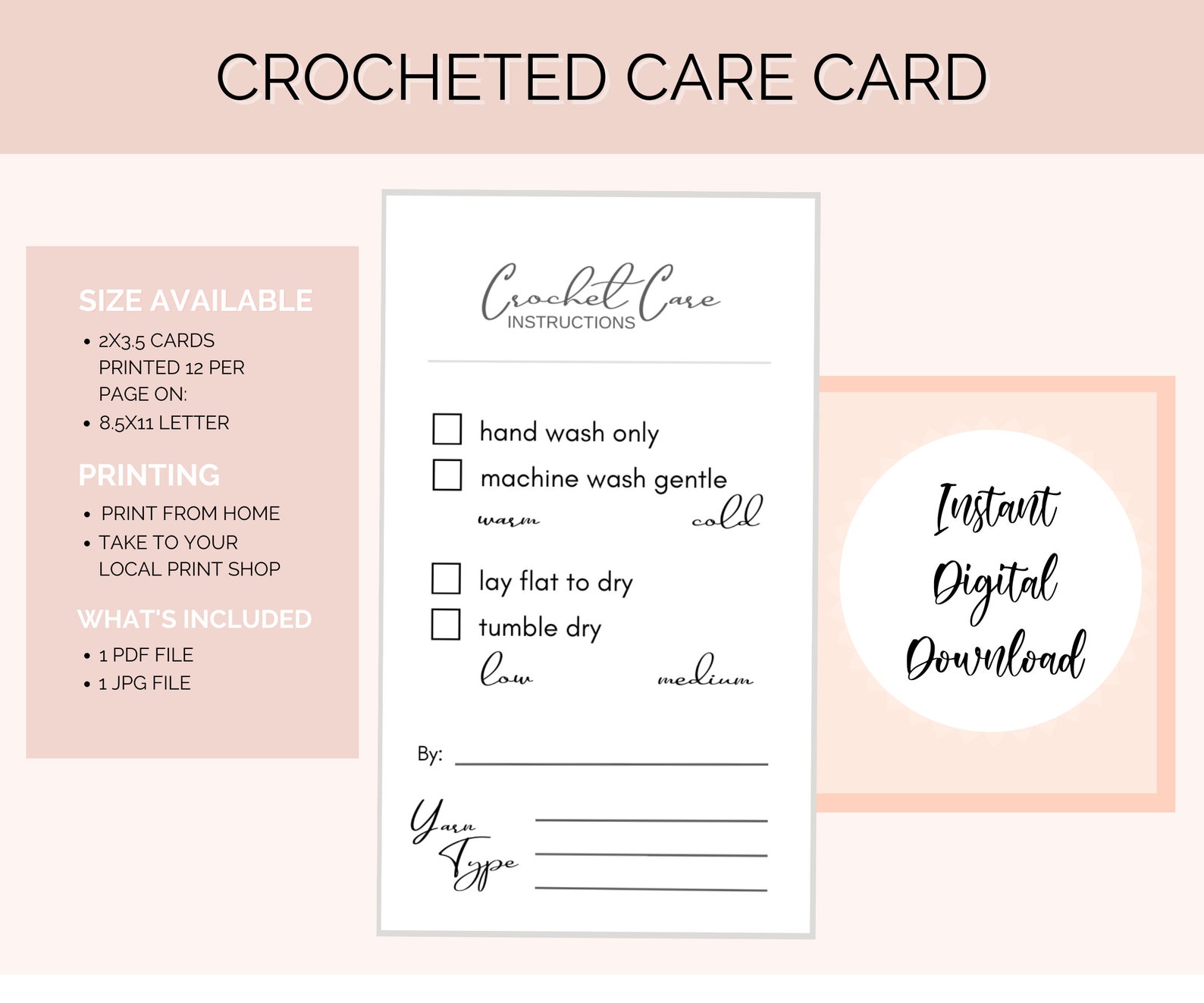 Printable Crochet Care Card Hang Tags, Crochet Care Cards Washing ...