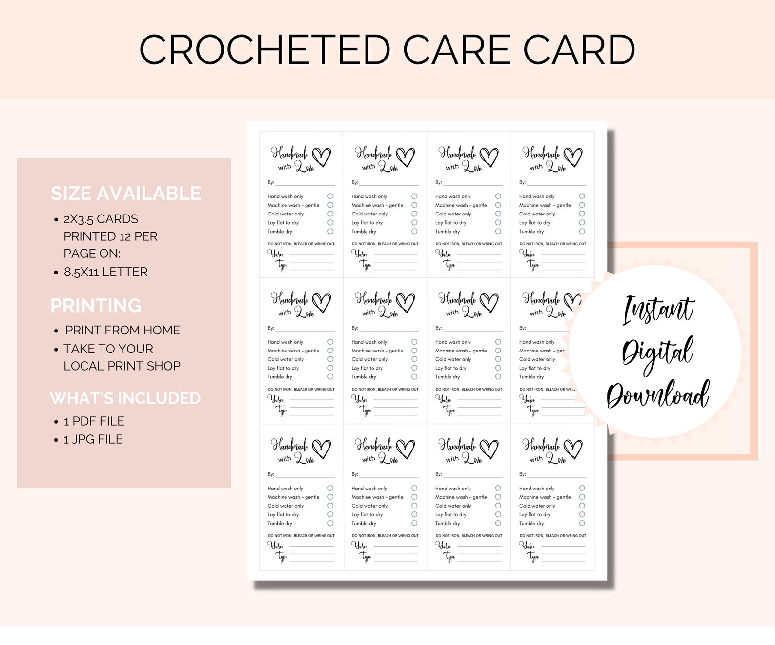 Printable Crochet Care Cards Washing Instructions, Handmade With Love ...