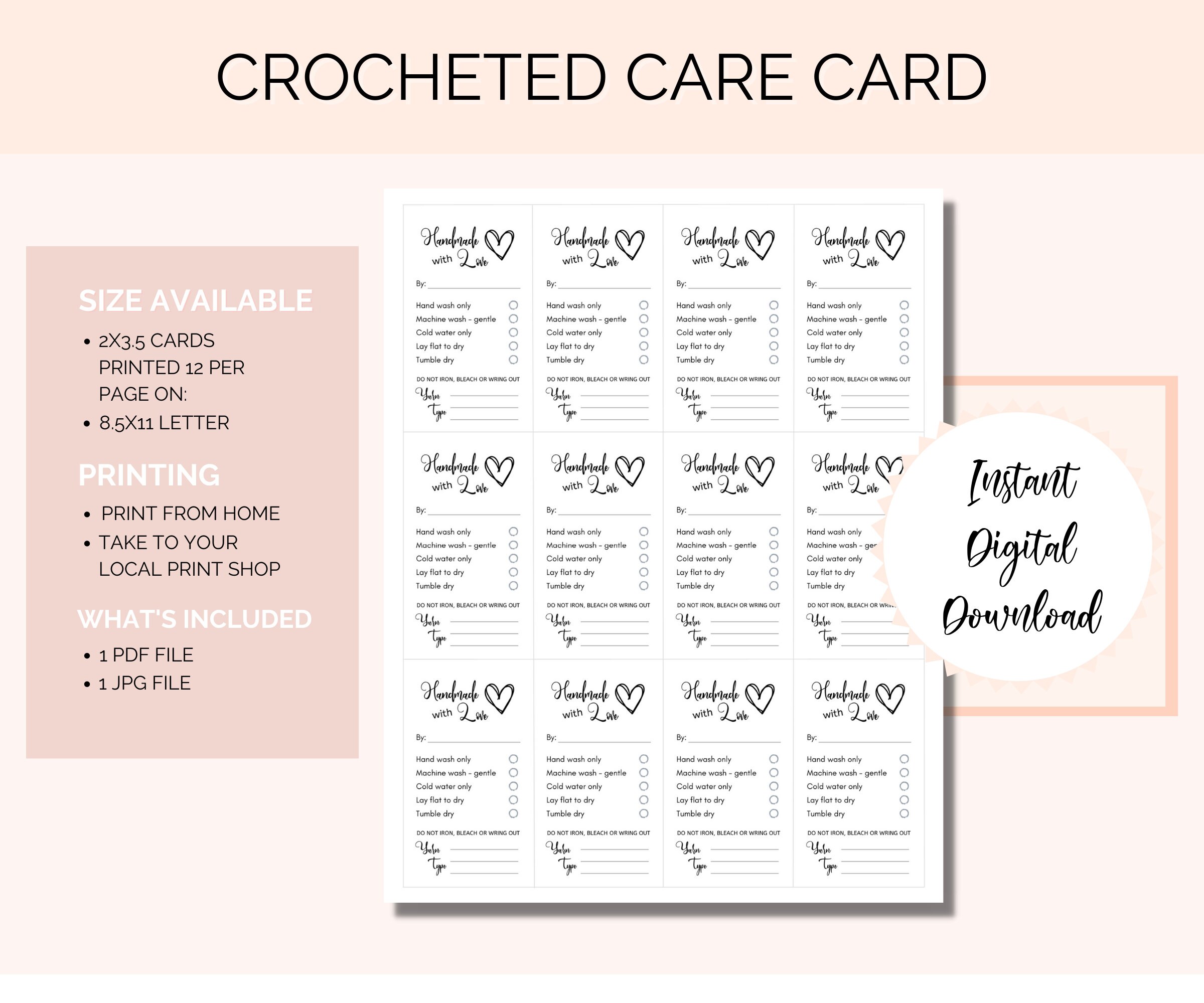 Printable Crochet Care Cards Washing Instructions, Handmade With Love ...