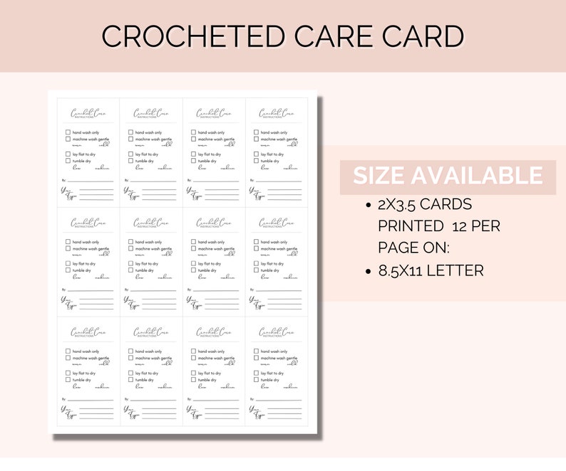 Washing Instructions Crochet Care Cards, Printable Crochet Hang Tags ...