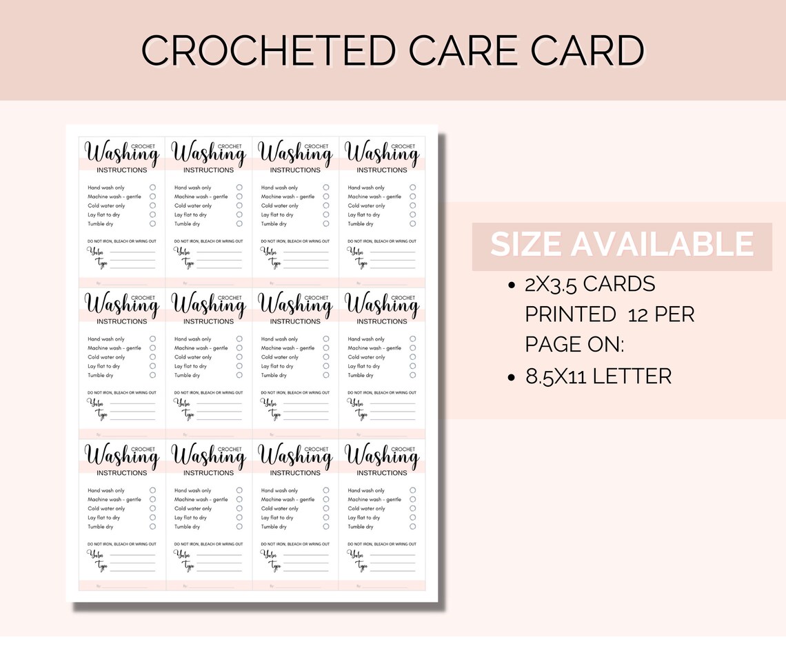 Crochet Care Card, Washing Instructions Tag (PDF, JPG) - Etsy