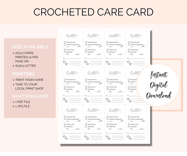 Printable Crochet Care Card Hang Tags, Crochet Care Cards Washing ...