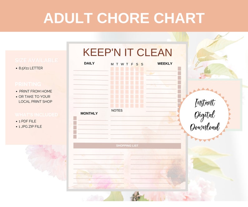 Printable Chore Chart for Adults, Cleaning Schedule, Household Chores ...