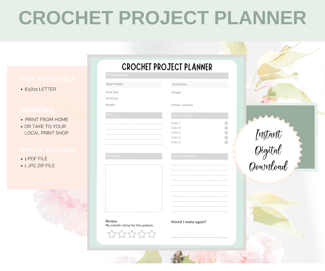 Printable Crochet Project Planner, Crochet Journal, Pattern Notes, Gift ...