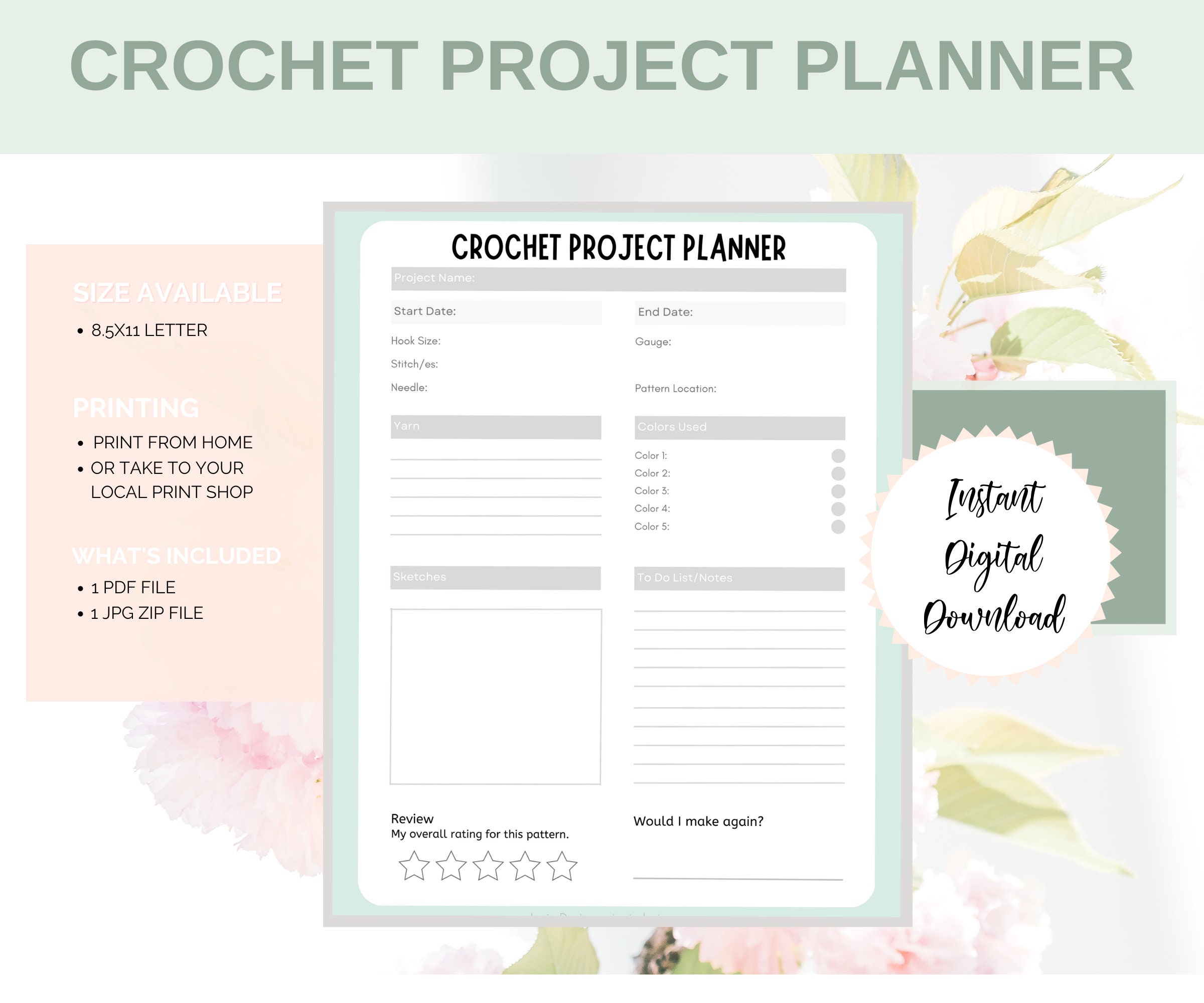 Printable Crochet Project Planner, Crochet Journal, Pattern Notes, Gift ...