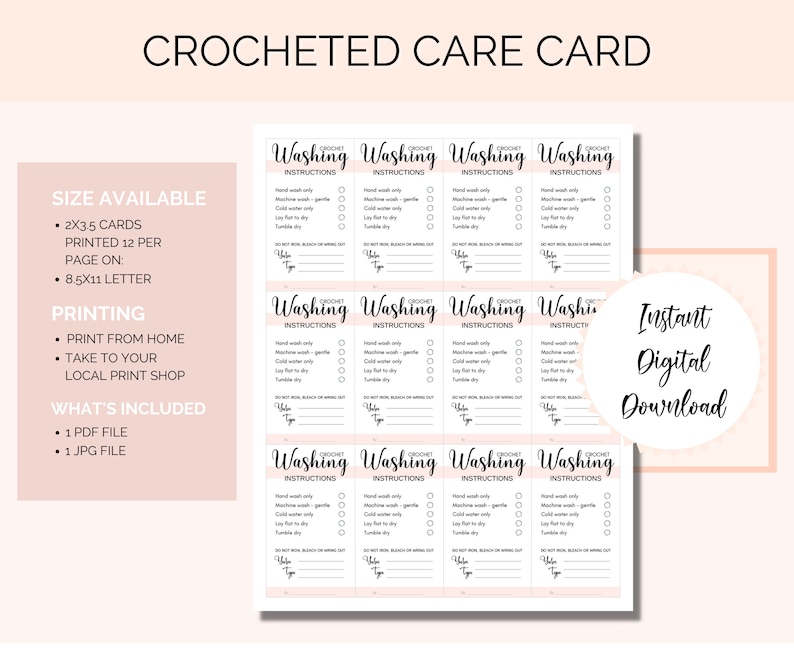 Washing Instructions, Printable Crocheted Hang Tags, Fiber Care Tag ...