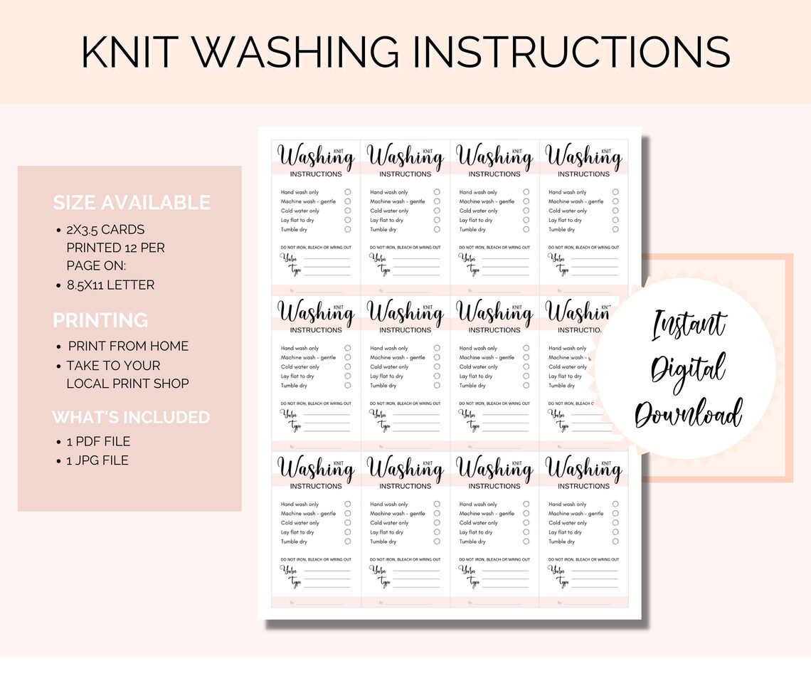 Printable Washing Instructions, Knit Care Tags, Fiber Care Card ...