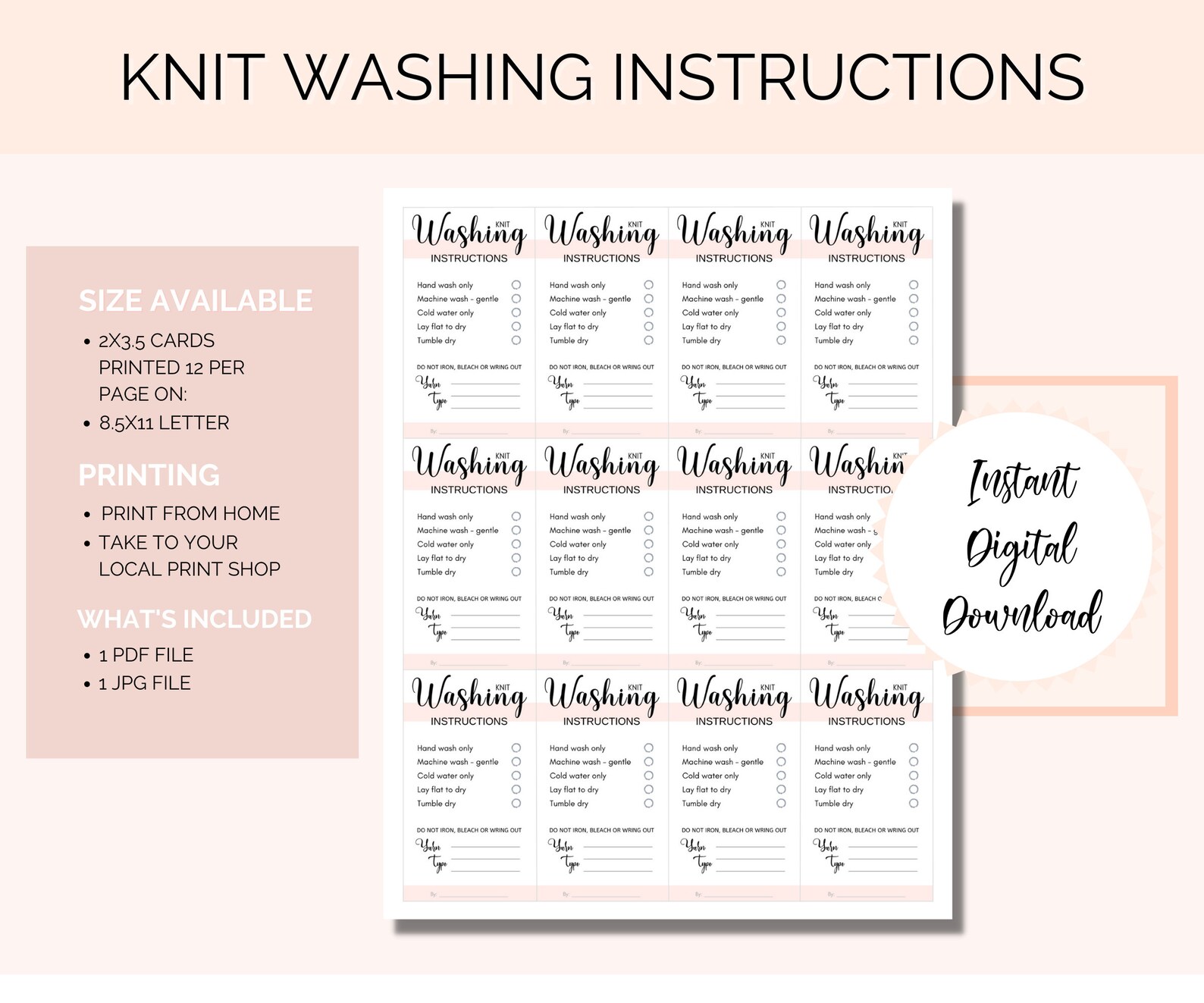 Printable Washing Instructions, Knit Care Tags, Fiber Care Card ...