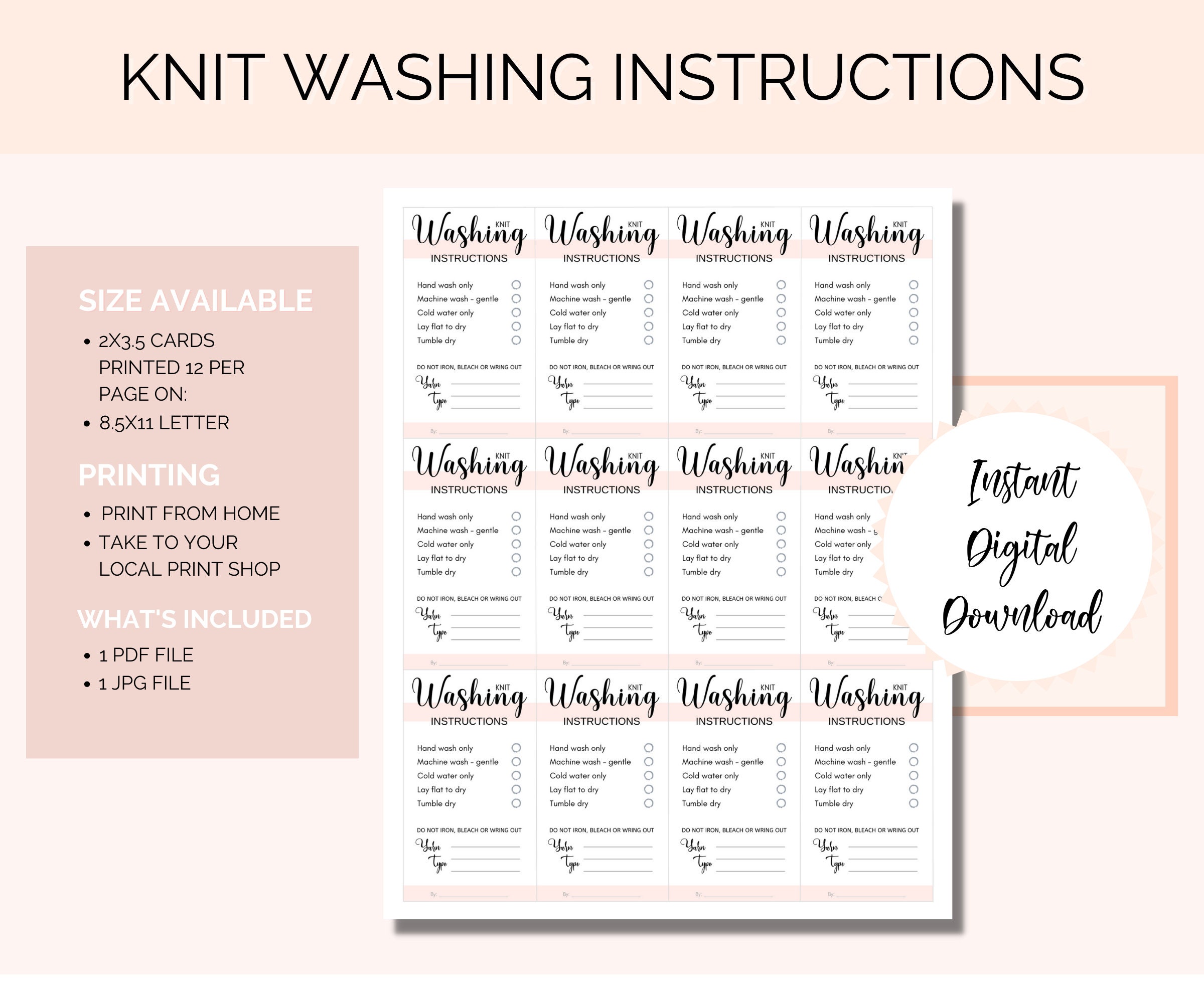 Printable Washing Instructions, Knit Care Tags, Fiber Care Card ...