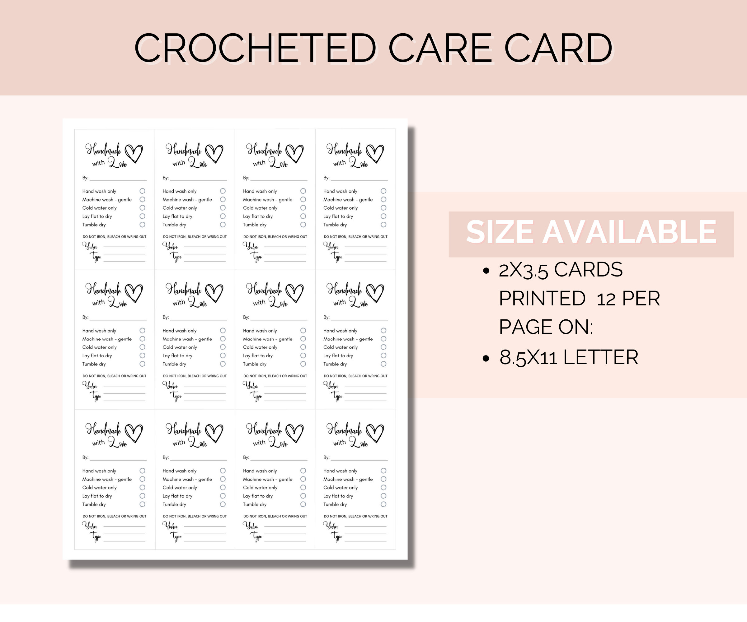 Printable Crochet Care Cards Washing Instructions, Handmade With Love ...