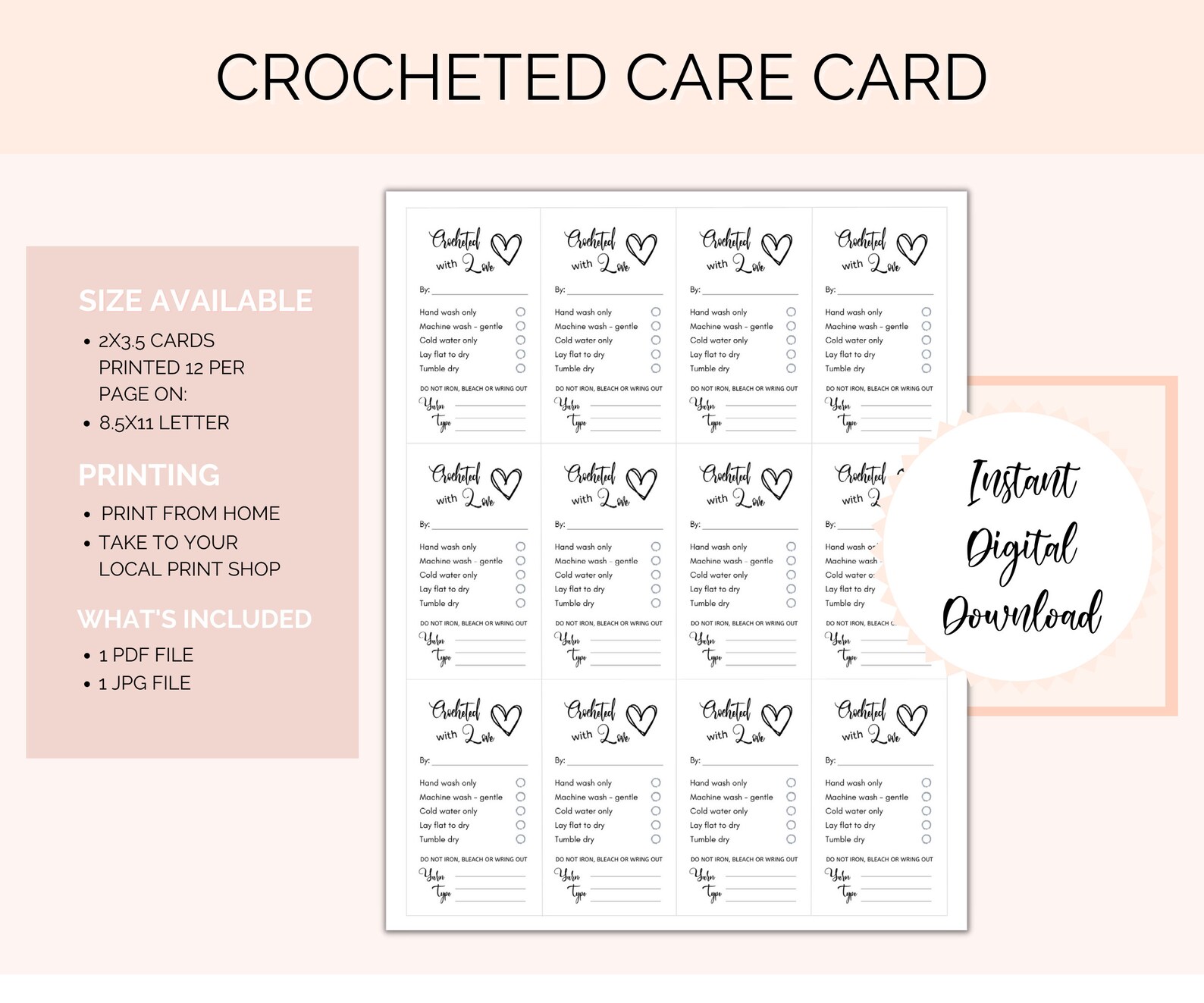 Crochet Care Cards Washing Instructions, Printable Crocheted With Love ...