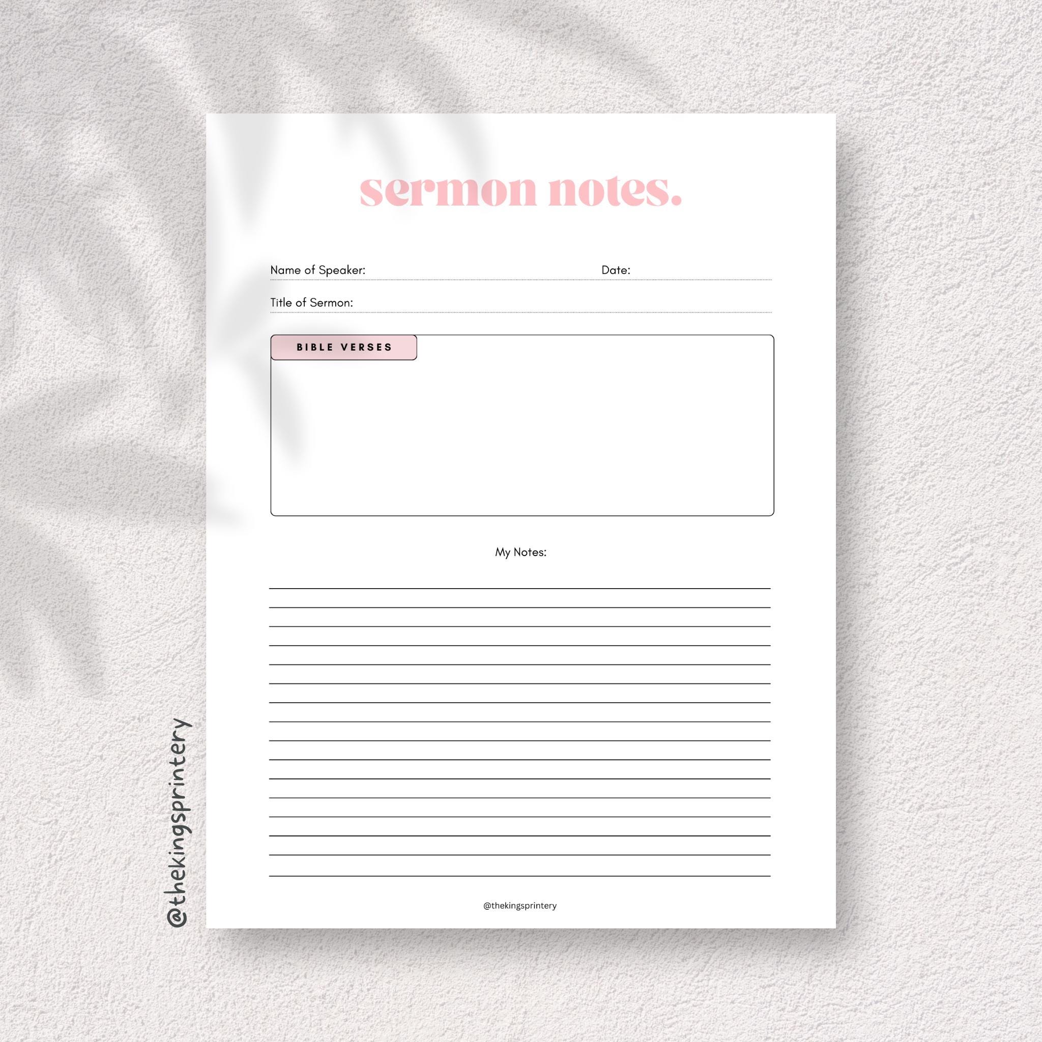 Printable Sermon Notes Template Church Notes Worksheet Preaching Notes ...