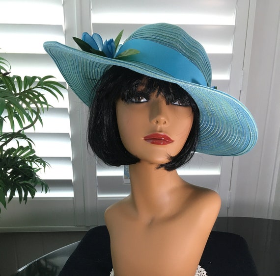 Blue Wide Brim Hat Blue Flower Wide Brim Hat Women's | Etsy