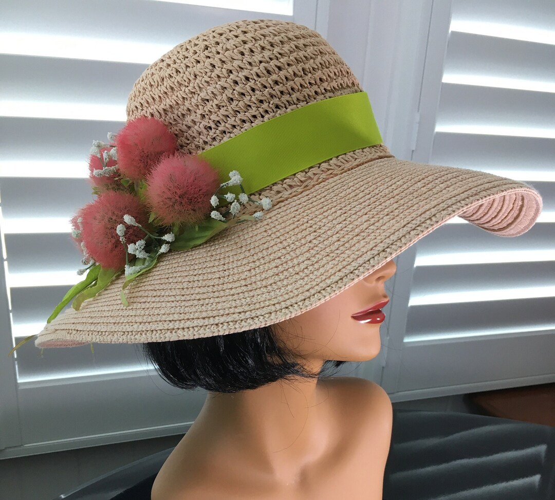 Pink Wide Brim Hat, Flower Wide Brim Hat, Flower Floppy Hat, Women's ...