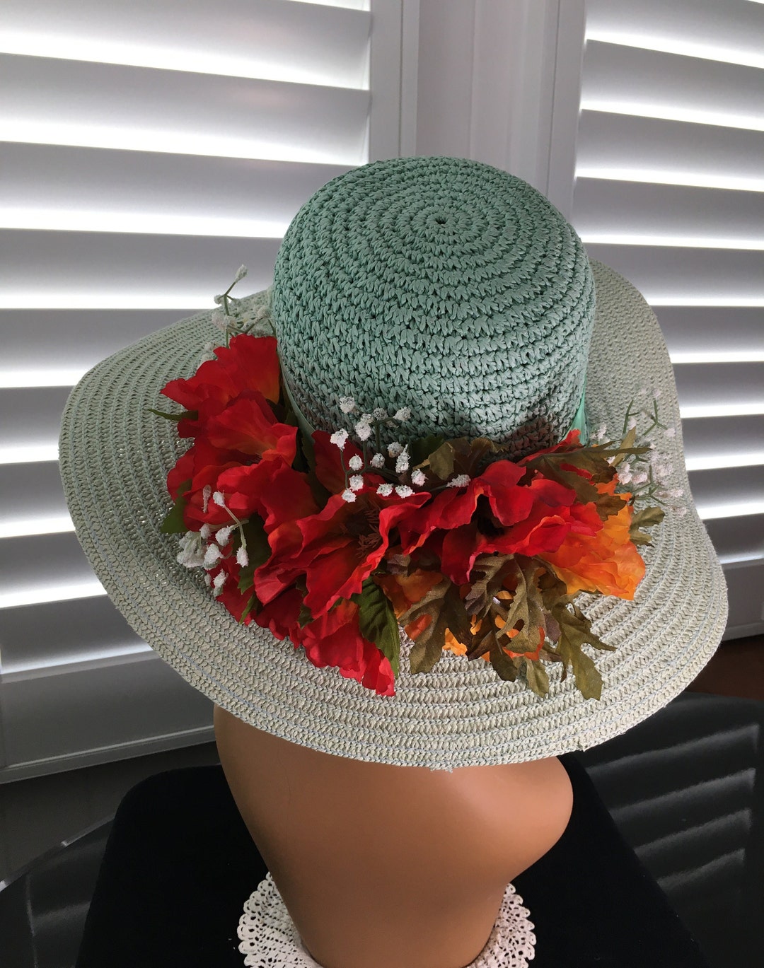 Green Wide Brim Hat, Flower Wide Brim Hat, Flower Floppy Hat, Women's ...