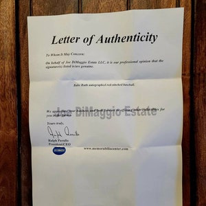Babe Ruth Signed Baseball Joe Dimaggio Estate Letter of Authenticity - Etsy