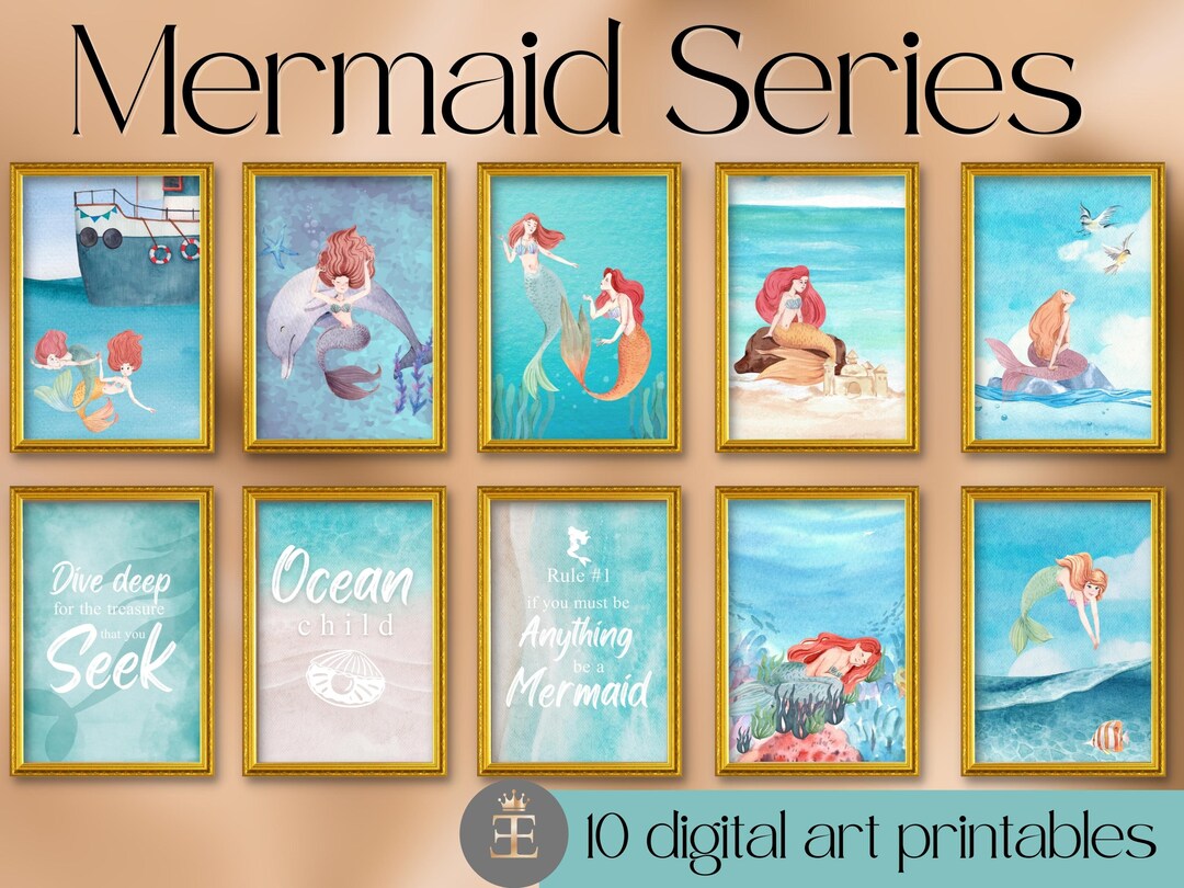 Mermaid Collection of 15 Printables, Blue Mermaid Watercolor, INSTANT ...