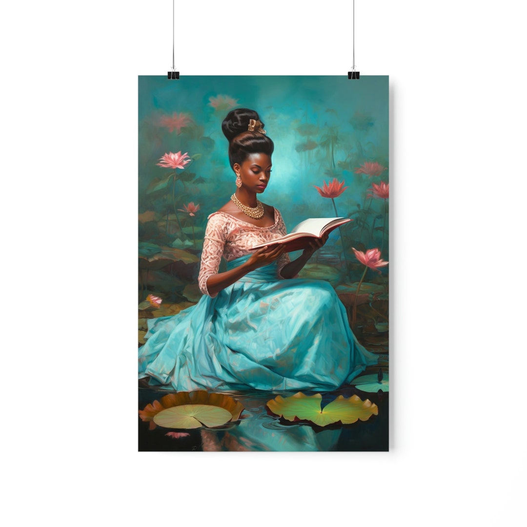Reading Lady on Lotus Lake POSTER, Premium Matte Finish, African ...