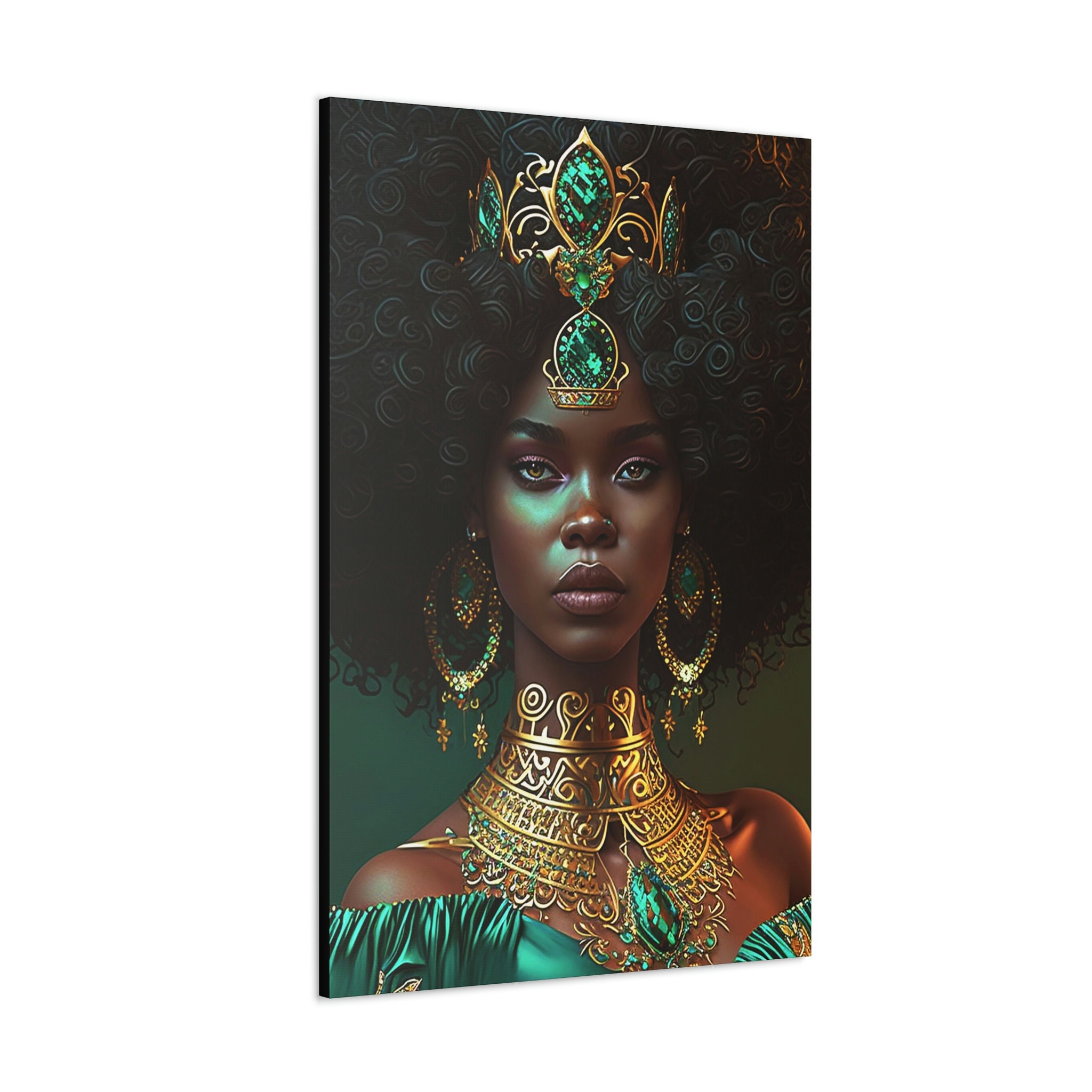 Canvas Emerald African Goddess, Green and Gold African Queen, Black ...