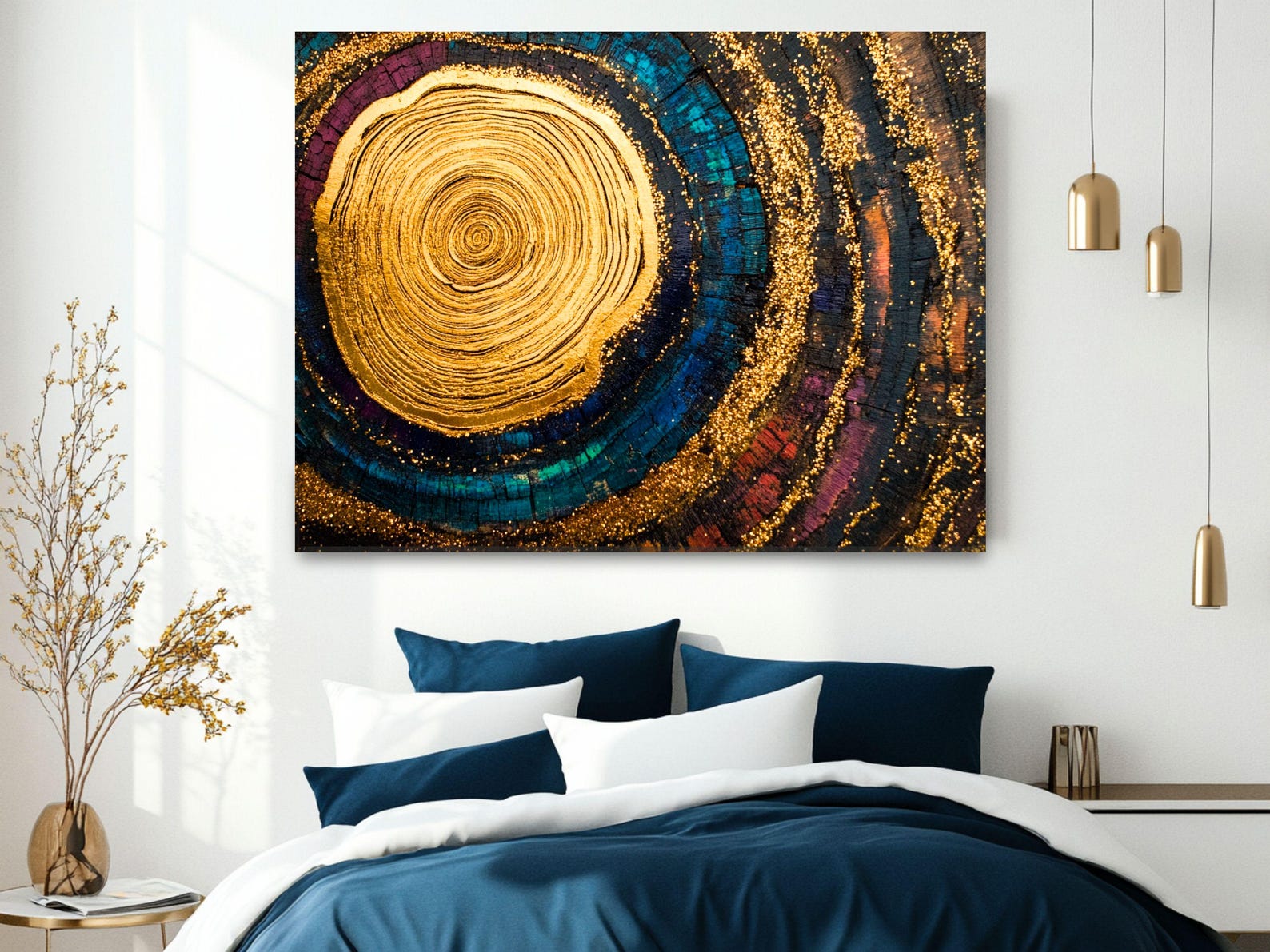 Colorful Black Tree Rings Canvas Print, Blue Pink, Luxury Natural Wall ...