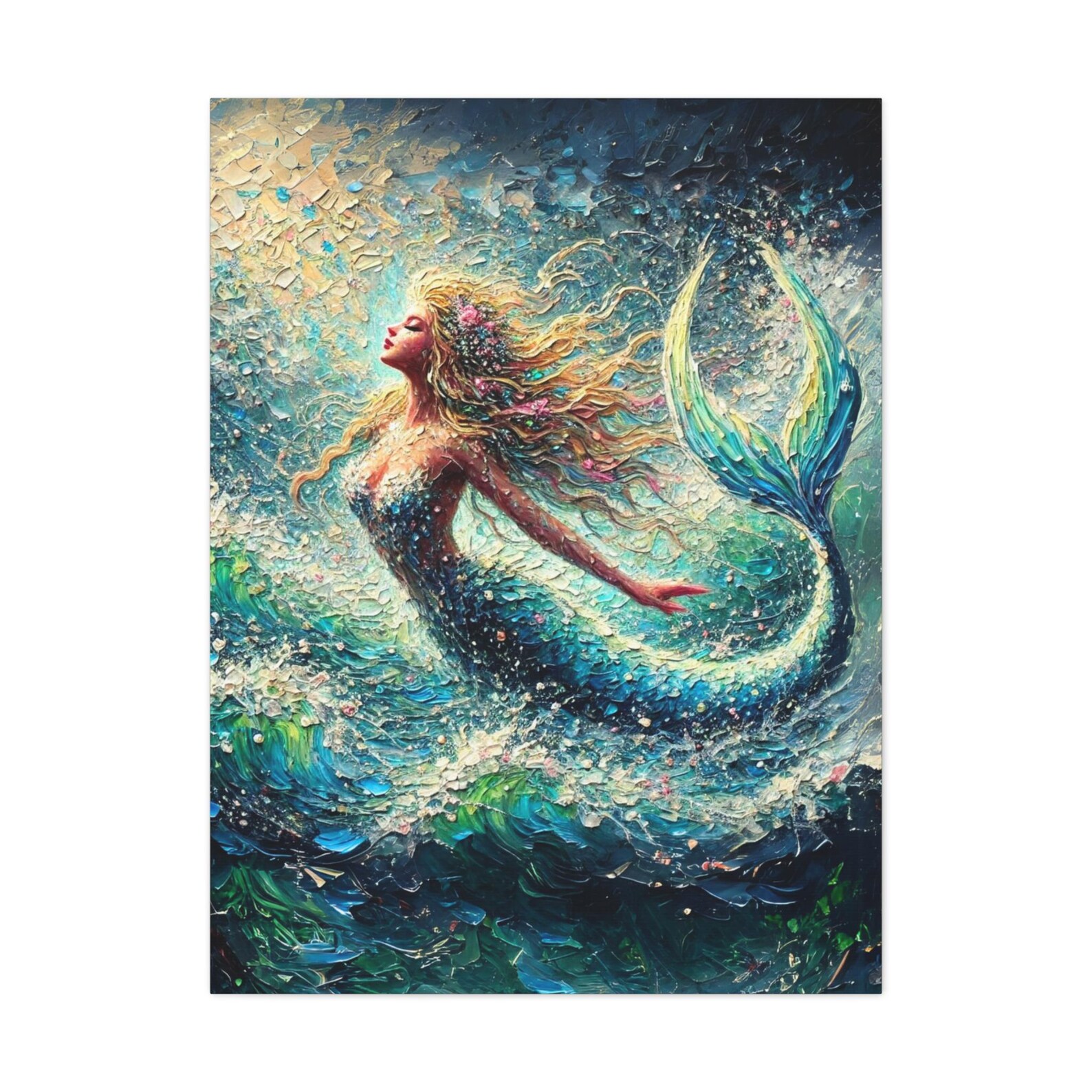 Beautiful Mermaid Canvas Print, Ocean Art, Turquoise Seascape, Textured ...