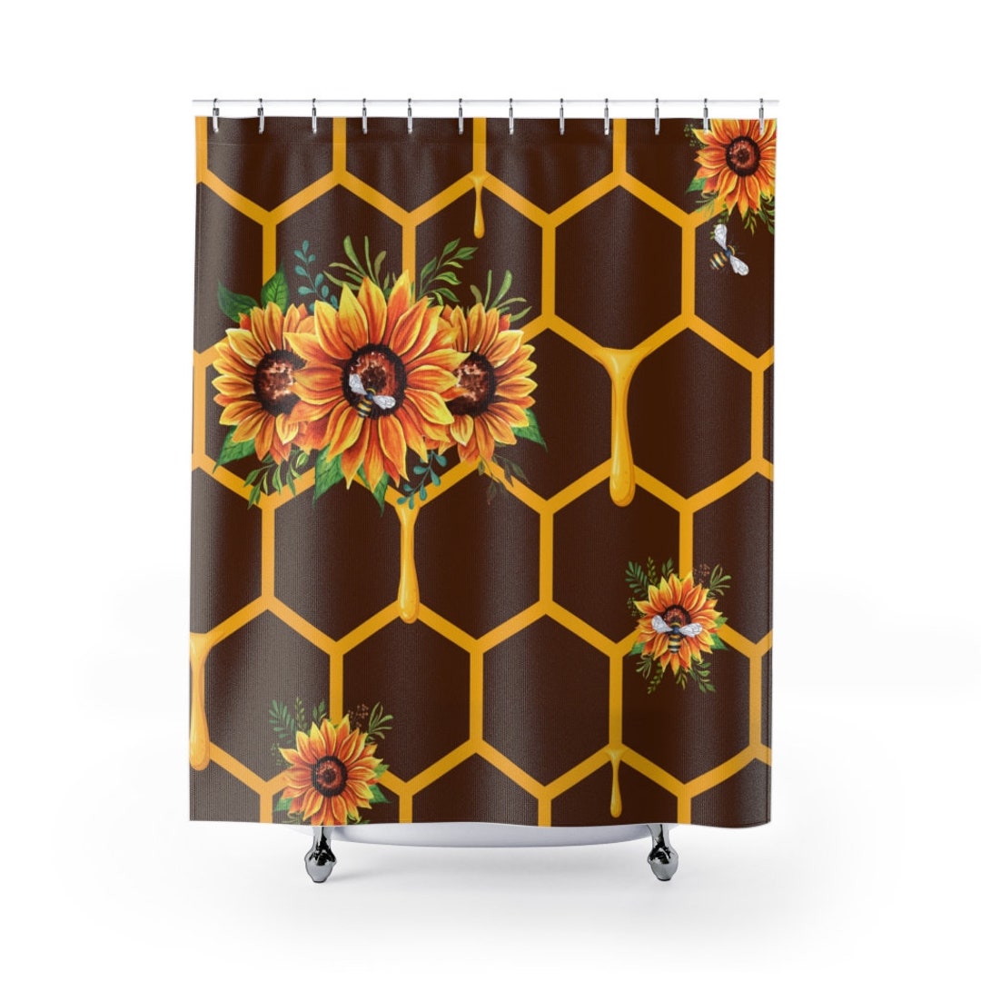 Brown Honeycomb, Bees, Sunflowers, and Honey Drips Shower Curtain, Bee ...