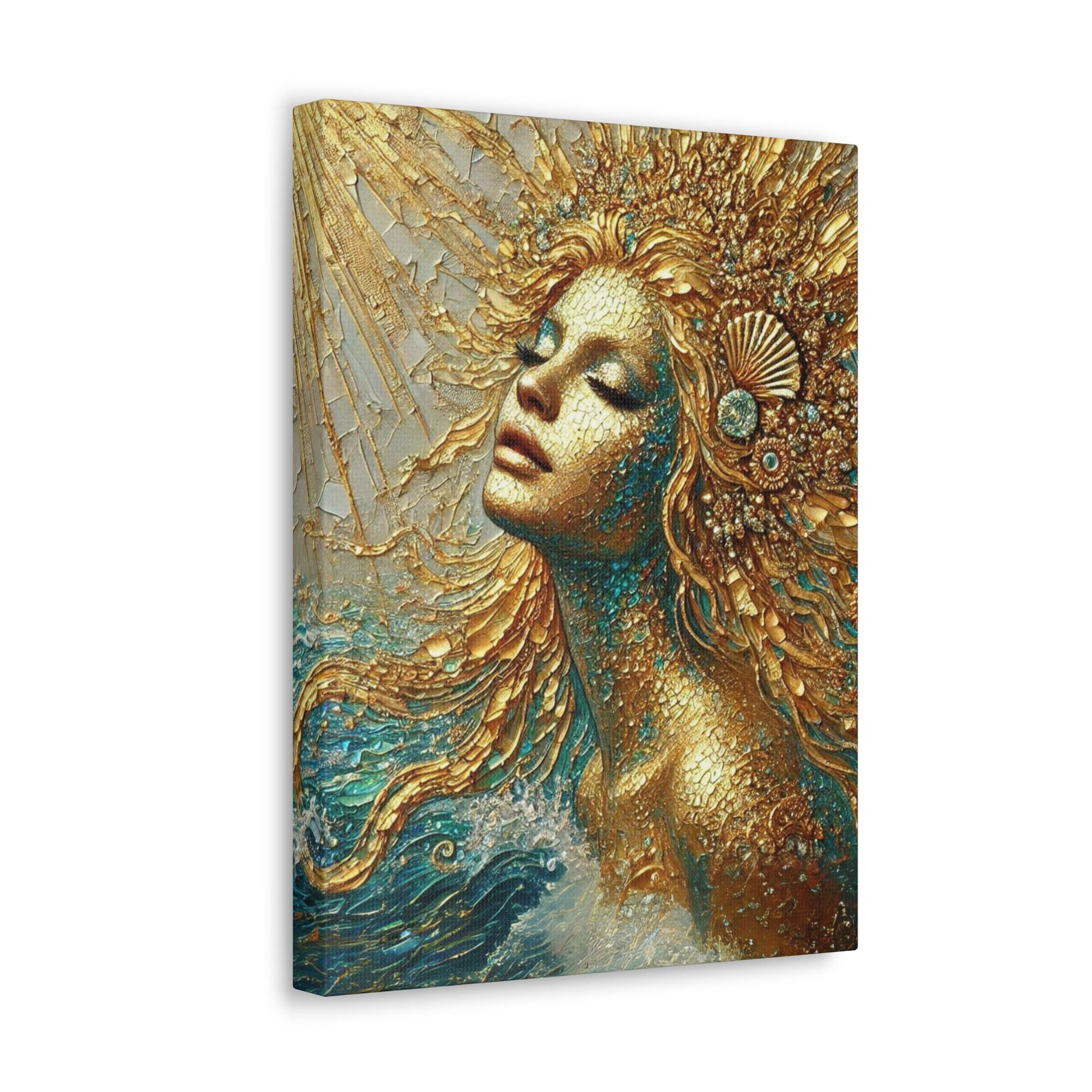 Golden Mermaid Goddess Canvas Print, Ocean Art, Sunlit Seascape ...