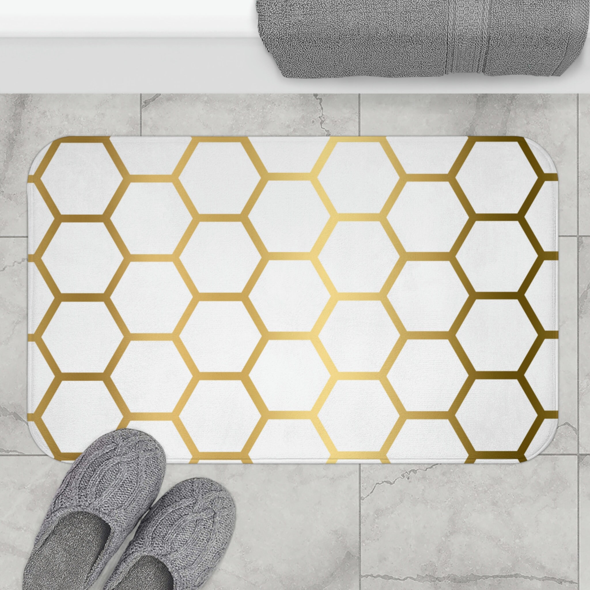 White and Gold Honeycomb Bath Mat, Bumblebee Decor Bathroom - Etsy