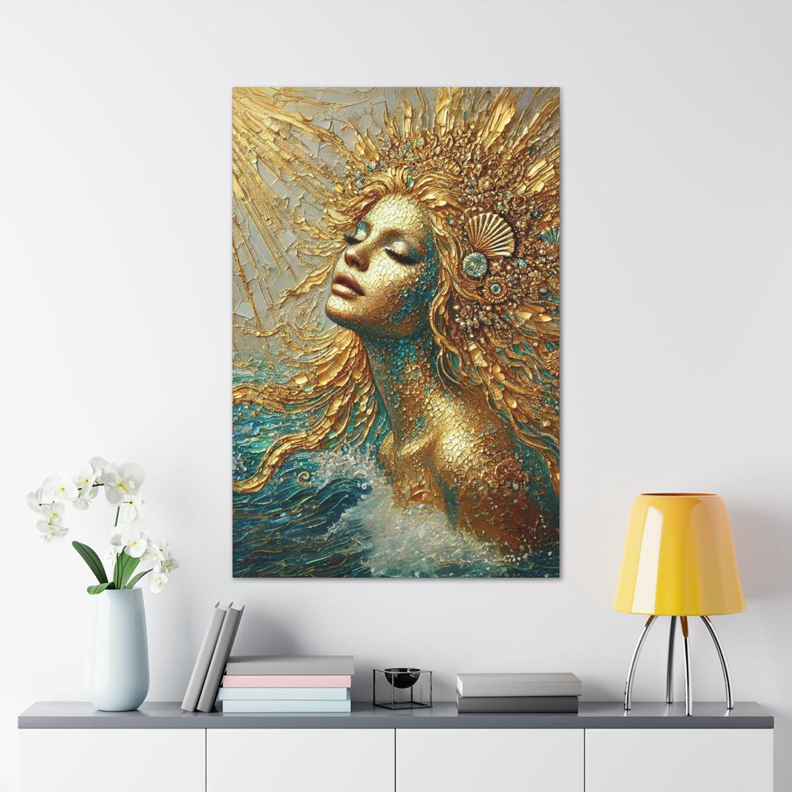 Golden Mermaid Goddess Canvas Print, Ocean Art, Sunlit Seascape ...