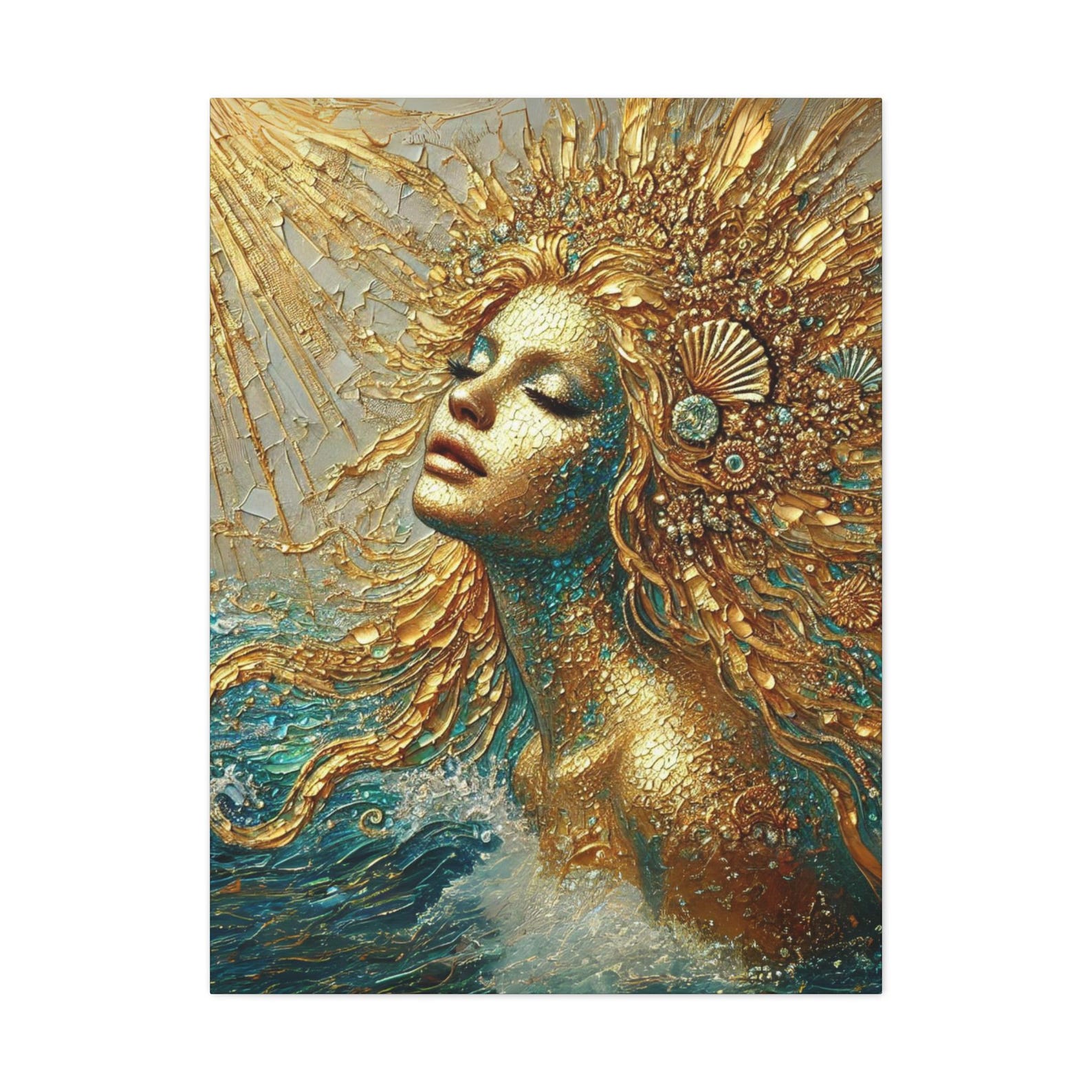Golden Mermaid Goddess Canvas Print, Ocean Art, Sunlit Seascape ...