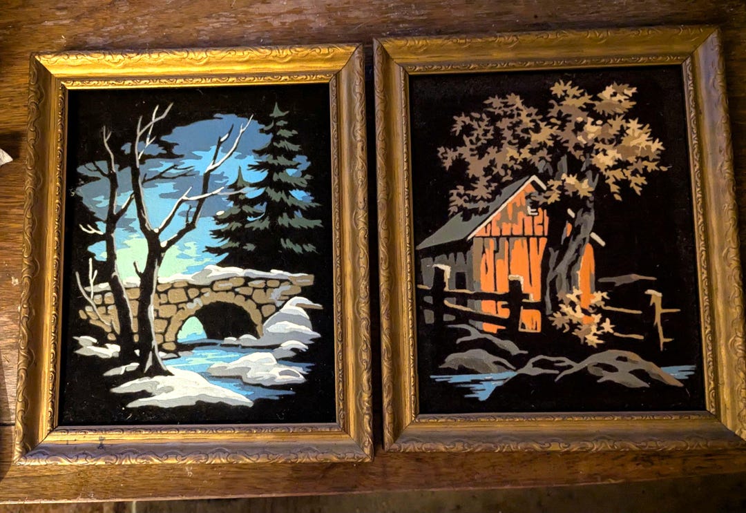 Pair of Vintage Black Velvet Paint by Numbers Paintings RETRO MCM ...