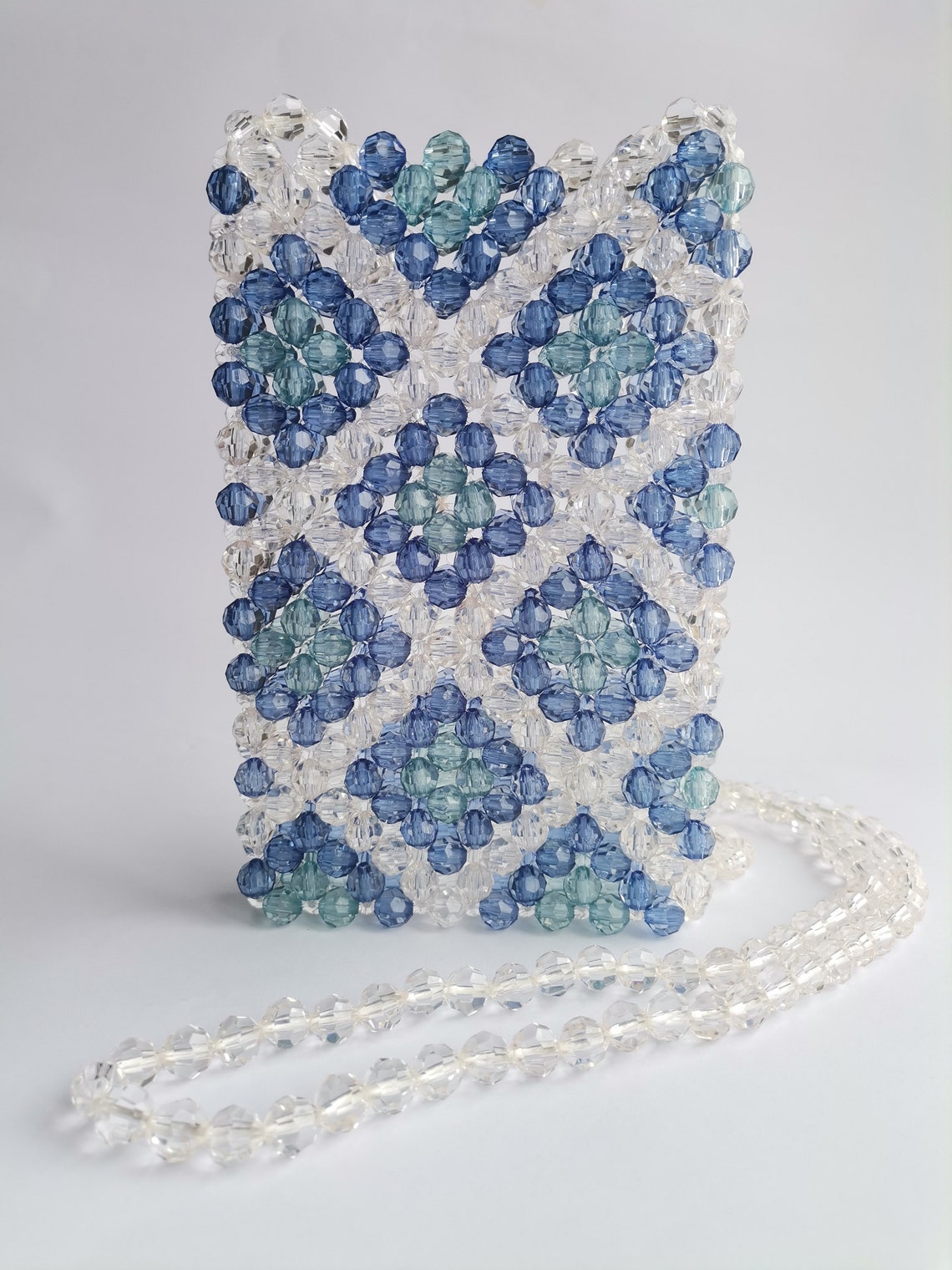 Blue Beaded Phone Bag, Turquoise Acrylic Women Shoulder Bag, Argyle ...