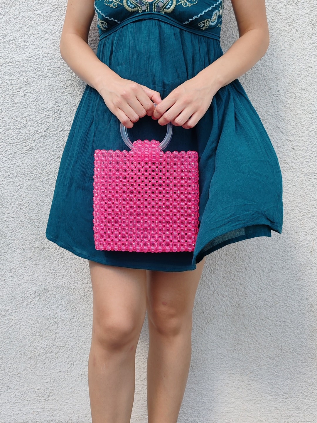 Pink Beaded Top Handle Bag: Handmade Evening Clutch - Etsy