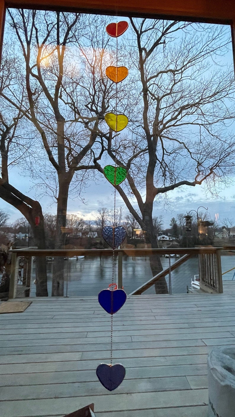 RAINBOW String of Hearts Stained Glass Suncatcher | Mobile | Heart ...