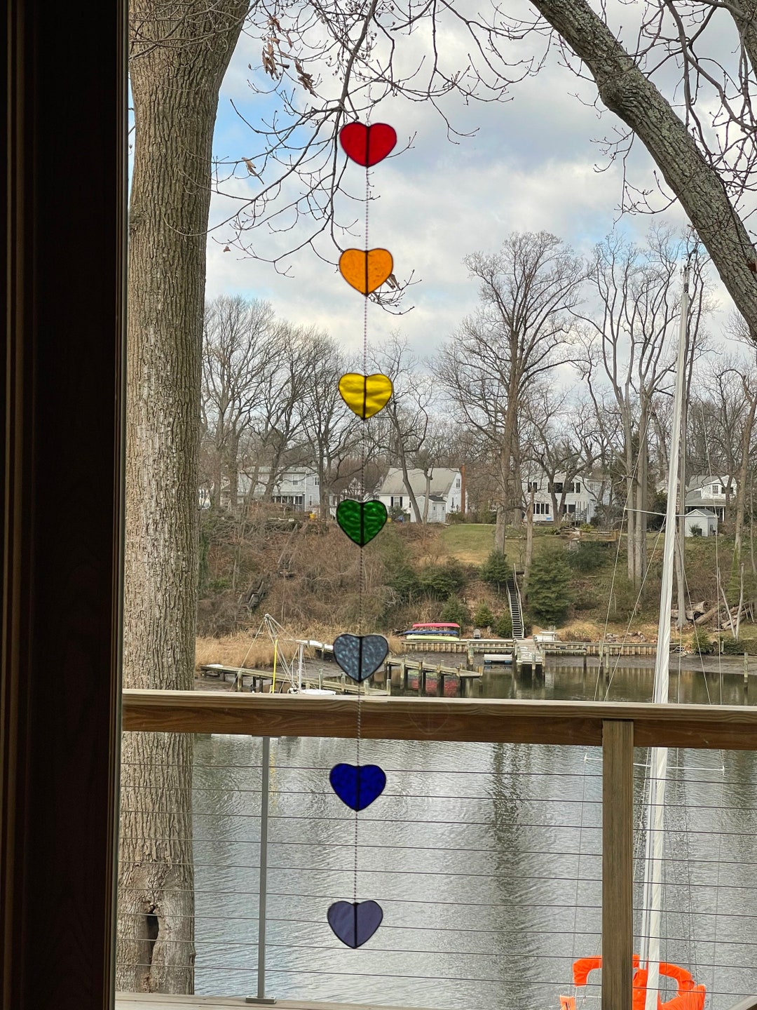 RAINBOW String of Hearts Stained Glass Suncatcher Mobile Heart Love ...