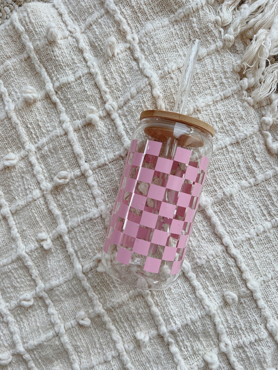Checker Cup Iced Coffee Cup Glass - Retro Glass Jar - Coffee Glass Cup ...
