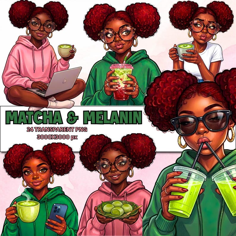 Matcha & Melanin Clip Art, Black Girl, Cozy Cafe Graphics (24 PNG) - Etsy