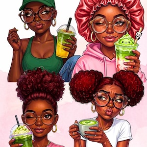 Matcha & Melanin Clip Art, Black Girl, Cozy Cafe Graphics (24 PNG) - Etsy