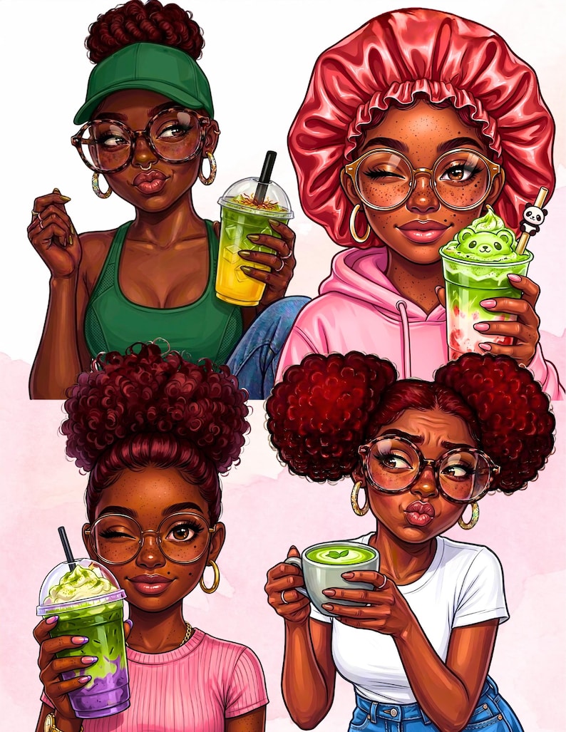 Matcha & Melanin Clip Art, Black Girl, Cozy Cafe Graphics (24 PNG) - Etsy