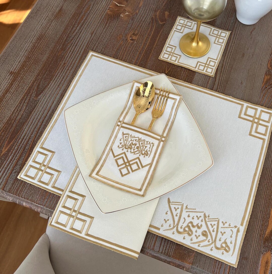 Gold Embroidered Islamic Table Set, 6 Person, 24 Pcs, Muslim Gift ...