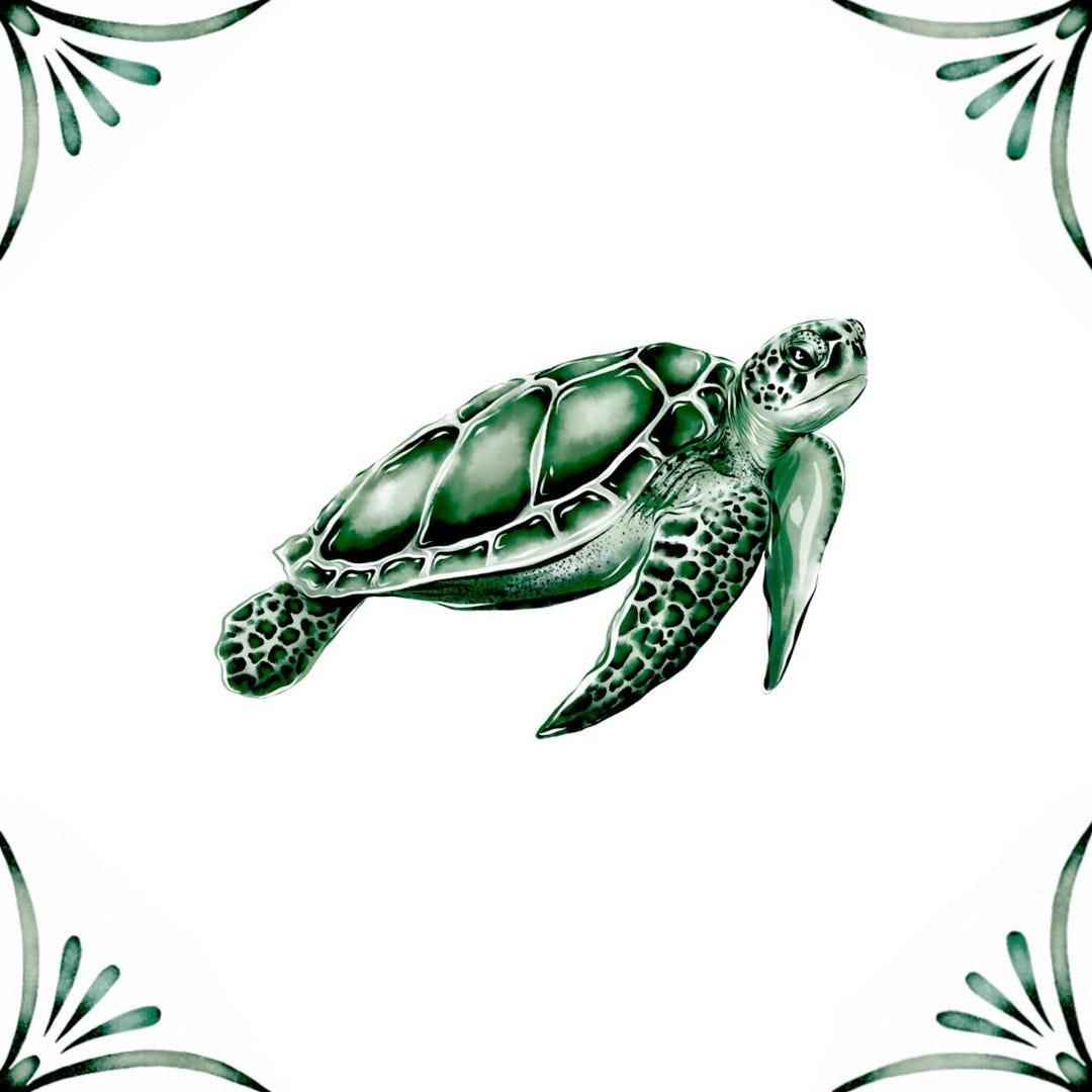 Delft Green Ceramic Tile- Sea Turtle︱bathroom Tile, Splashback, Kitchen ...