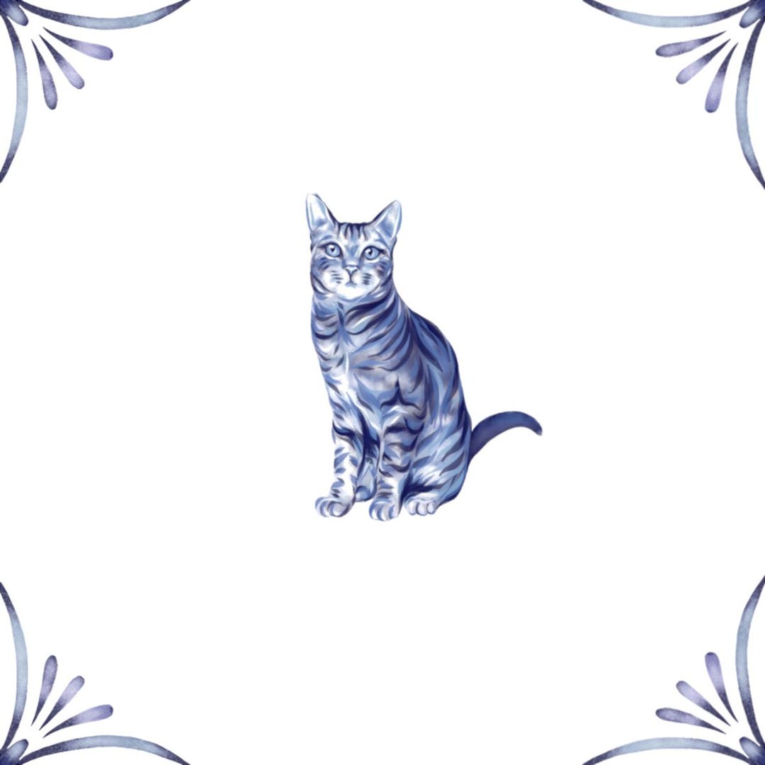 Delft Blue Ceramic Tile- Tabby Cat︱bathroom Tile, Splashback, Kitchen ...